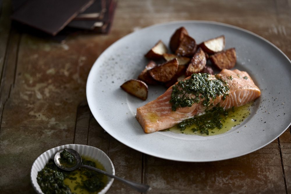 Butter-Baked Salmon with Italian Salsa Verde and Roasted Potatoes