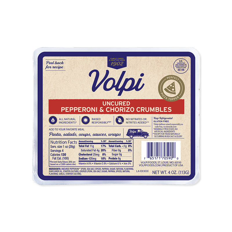 Pepperoni & Chorizo Crumbles 4oz – Volpi Foods
